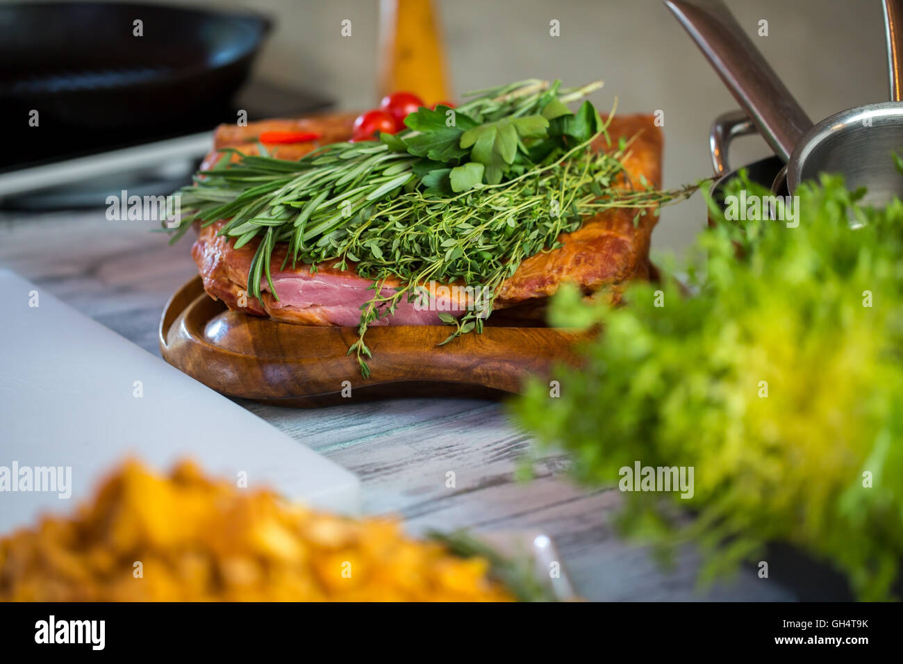 Green herbs and meat Stock Photo - Alamy
