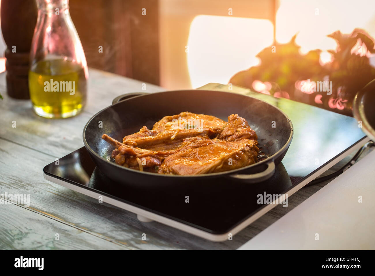 Hot meat steam on pan hi-res stock photography and images - Alamy