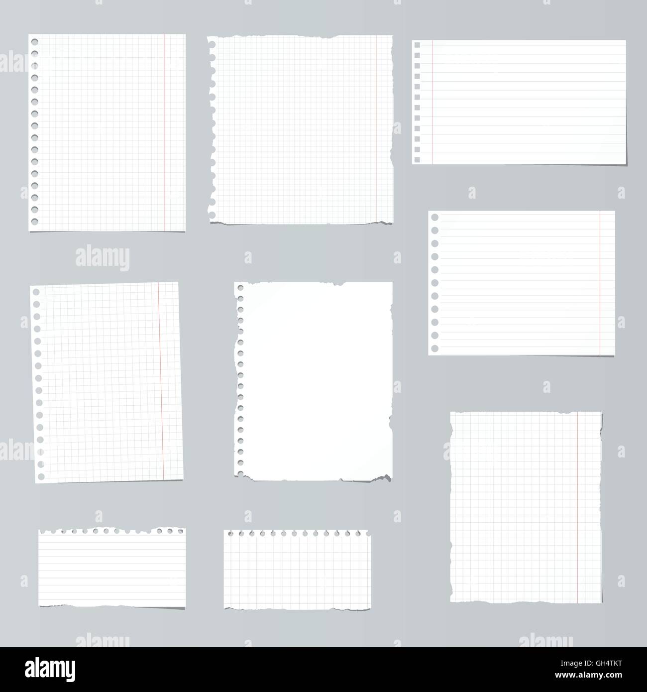 Set of ripped white, ruled, math notebook paper are stuck on gray ...