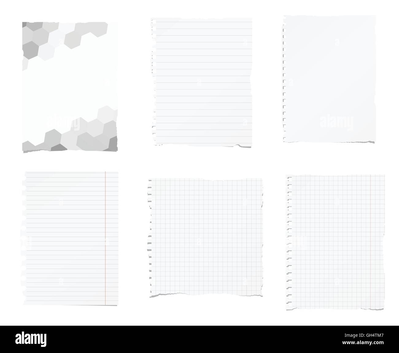 Set of ripped white, ruled, math notebook paper are stuck on background ...