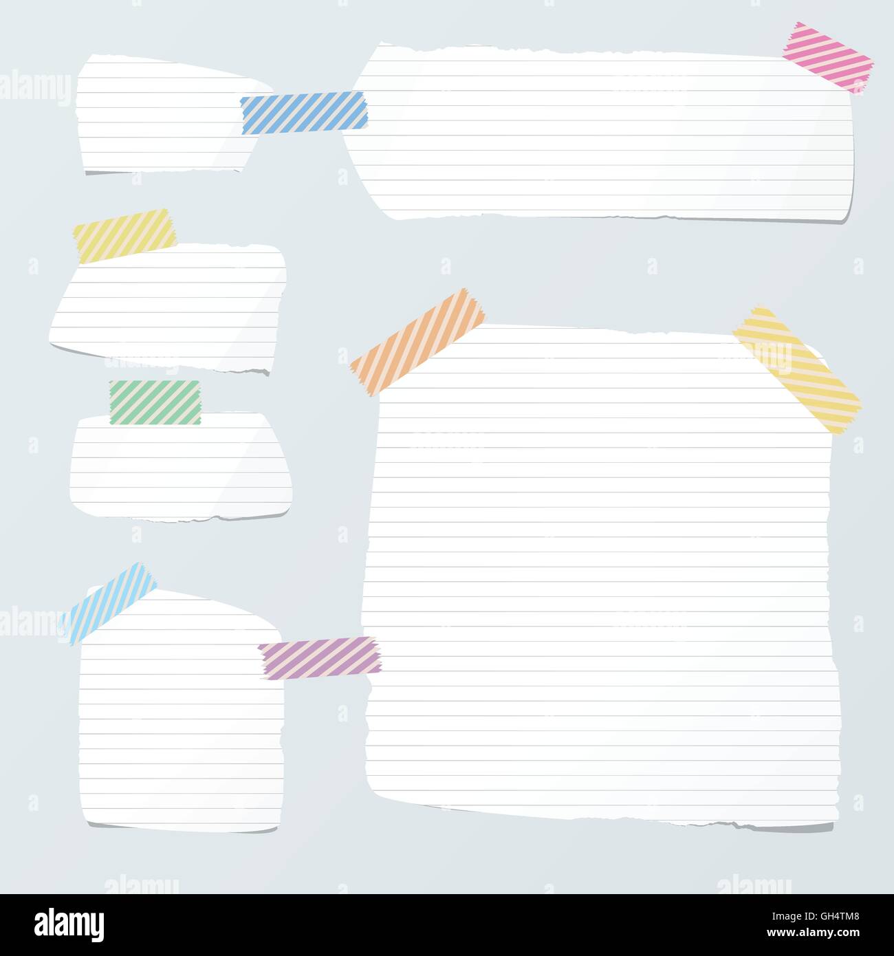 Pieces of cut white ruled note paper are stuck with striped sticky tape ...