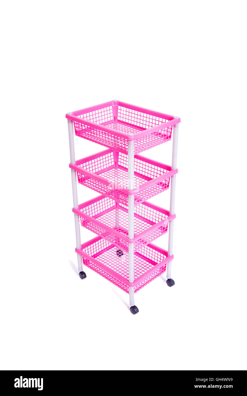 Pink bin rack shelf with wheels isolated on white Stock Photo - Alamy