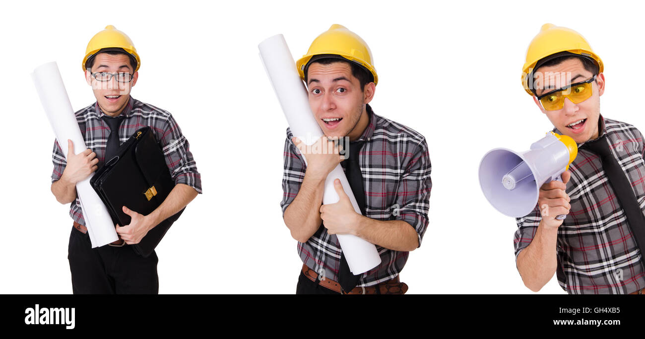 Funny man with blueprints on white Stock Photo - Alamy