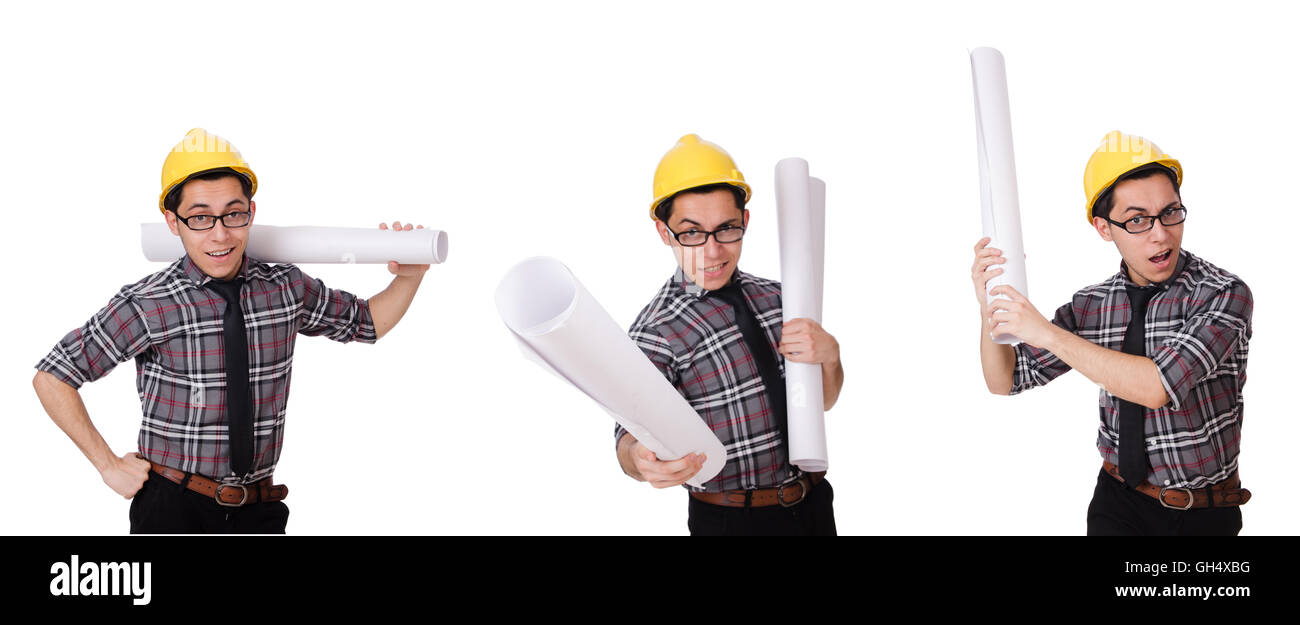 Funny man with blueprints on white Stock Photo - Alamy