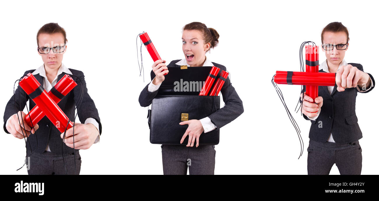 Woman businesswoman with dynamite stick isolated on white Stock Photo ...