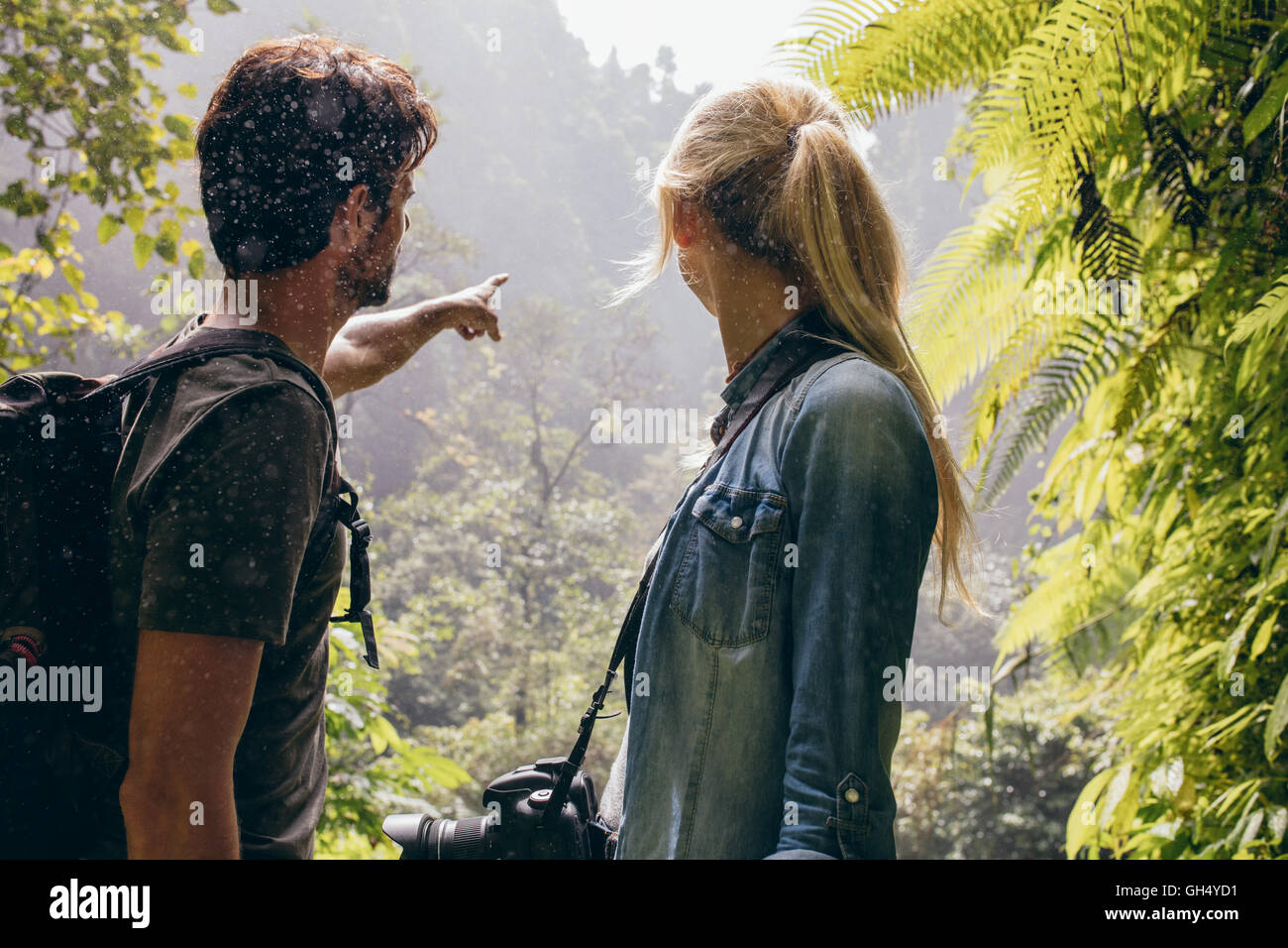 Rear view shot of young couple standing together in forest, with man ...