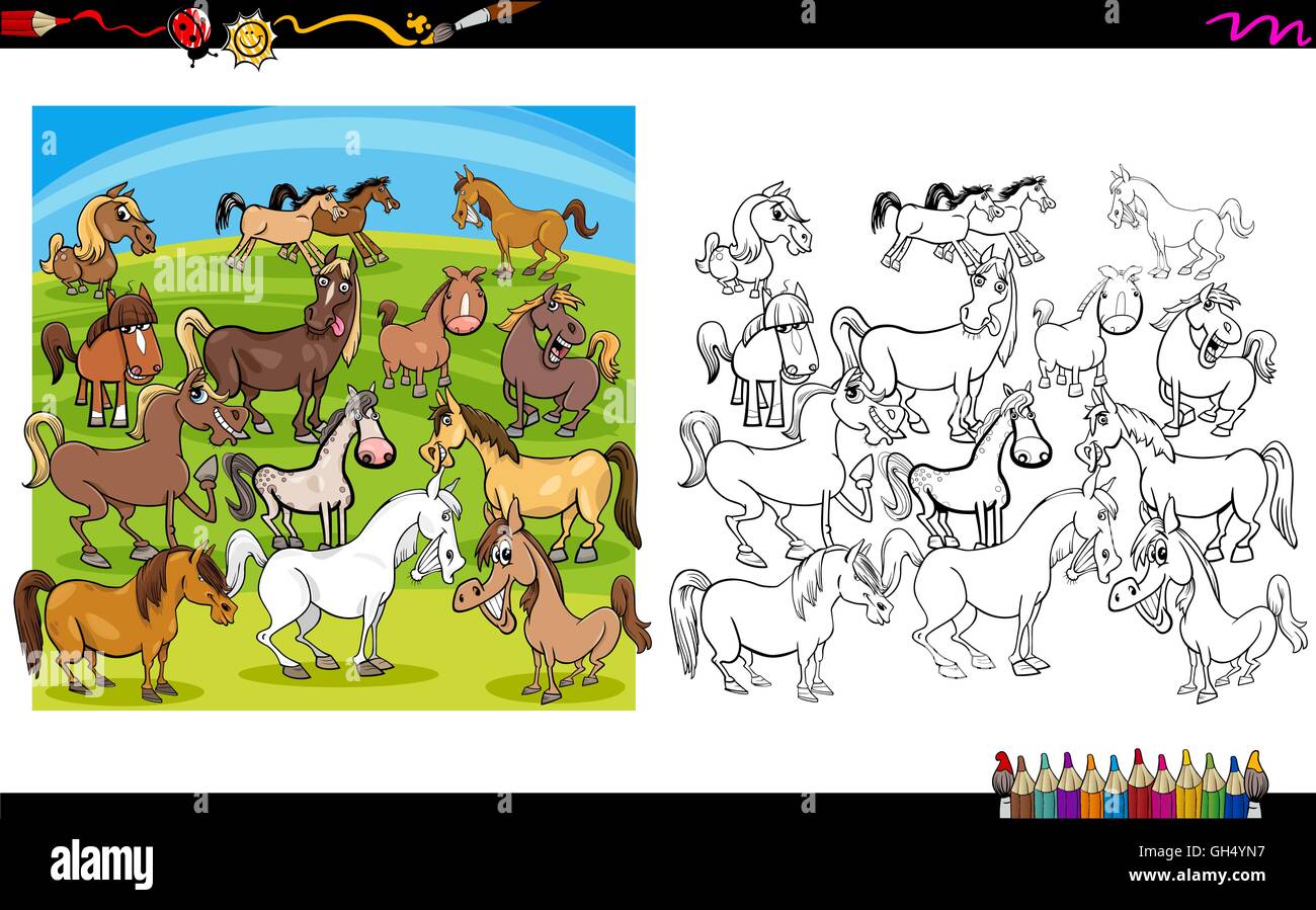 Cartoon Illustration of Horse Farm Animal Characters Coloring Book ...
