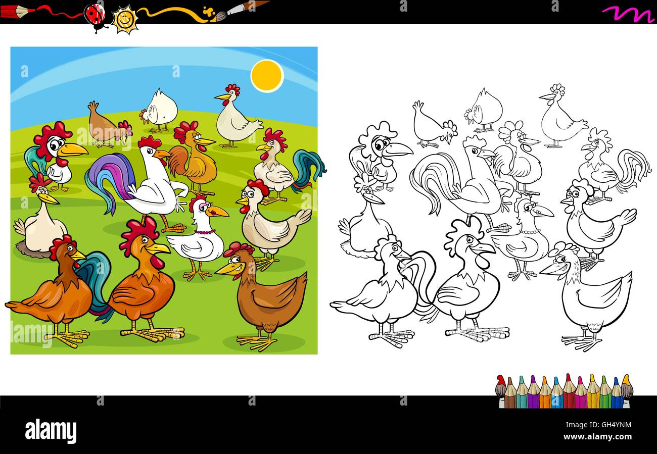 Cartoon Illustration of Chicken Characters Coloring Book Activity Stock ...
