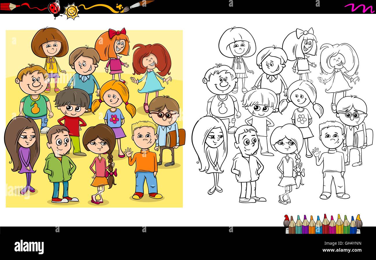 Cartoon Illustration of Kid Characters Coloring Book Activity Stock ...