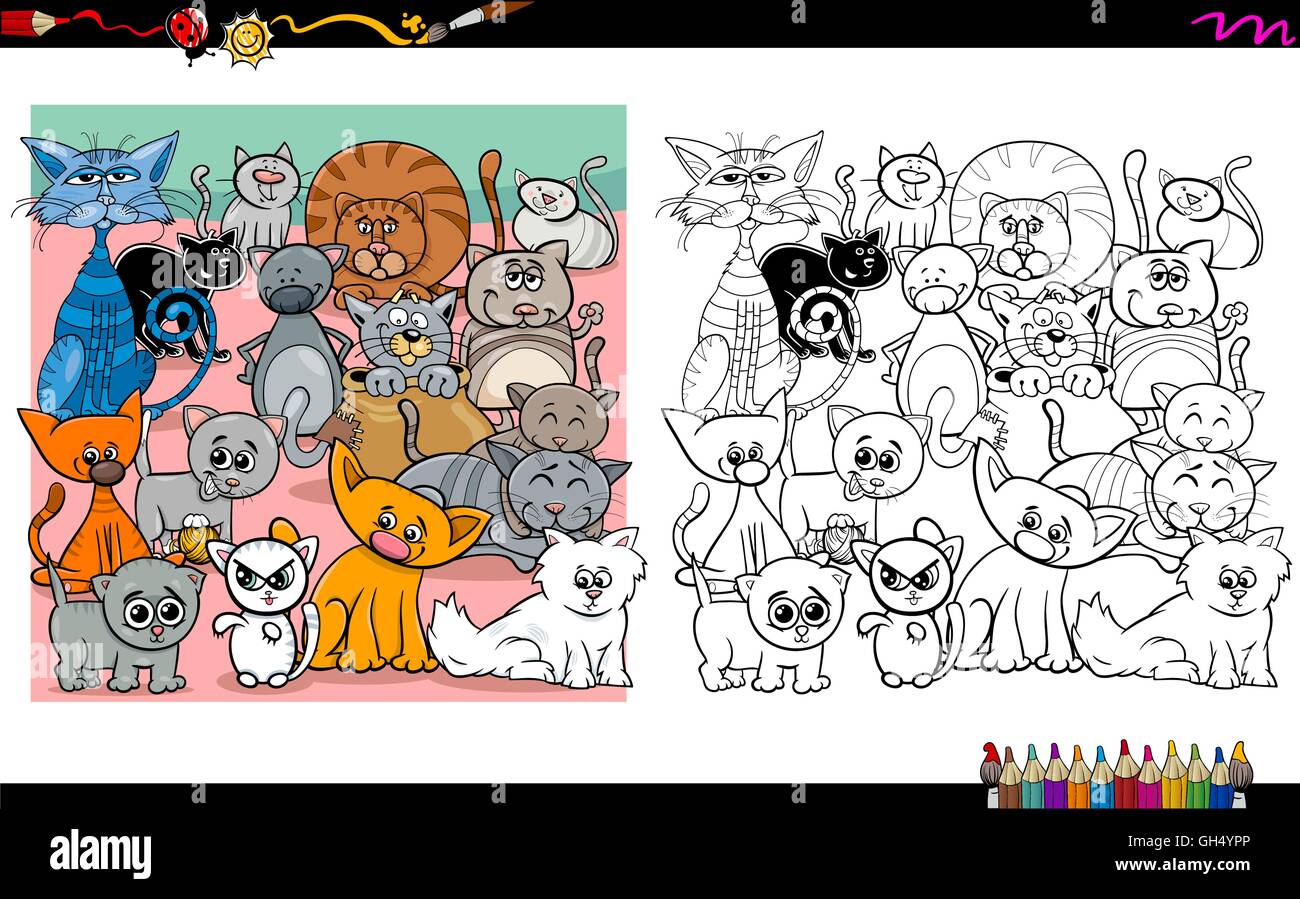Cartoon Illustration of Funny Cat Characters Coloring Book Activity ...