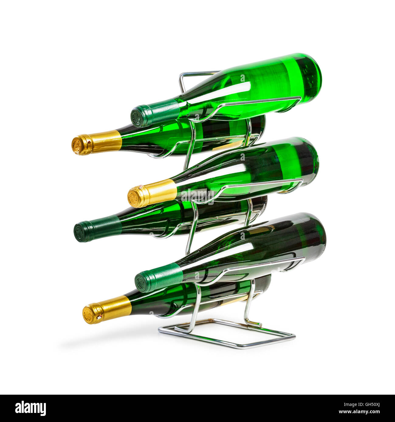 Wine rack with green bottles isolated on white background clipping path ...