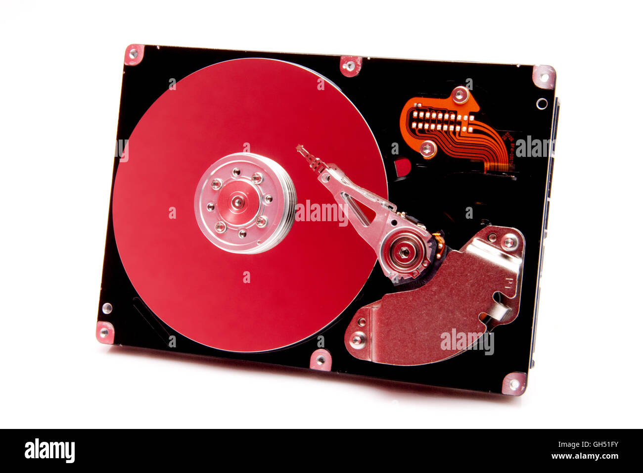 computer art open harddrive with red reflection isolated on white ...