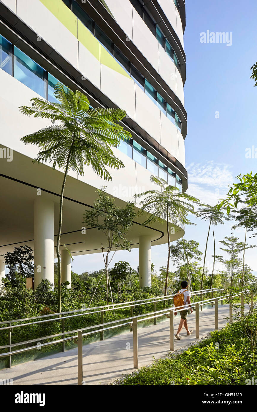 Landscaped walkway ramp along building facade. Singapore University of ...