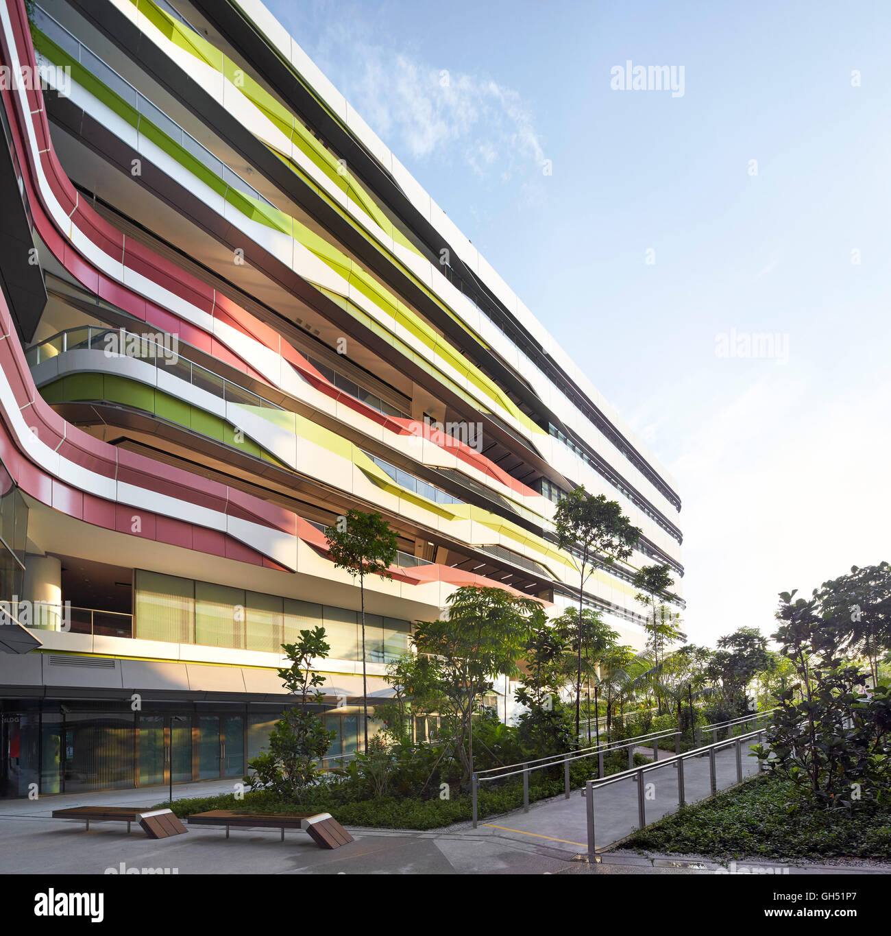 Perspective of colorful clad exterior facade. Singapore University of ...