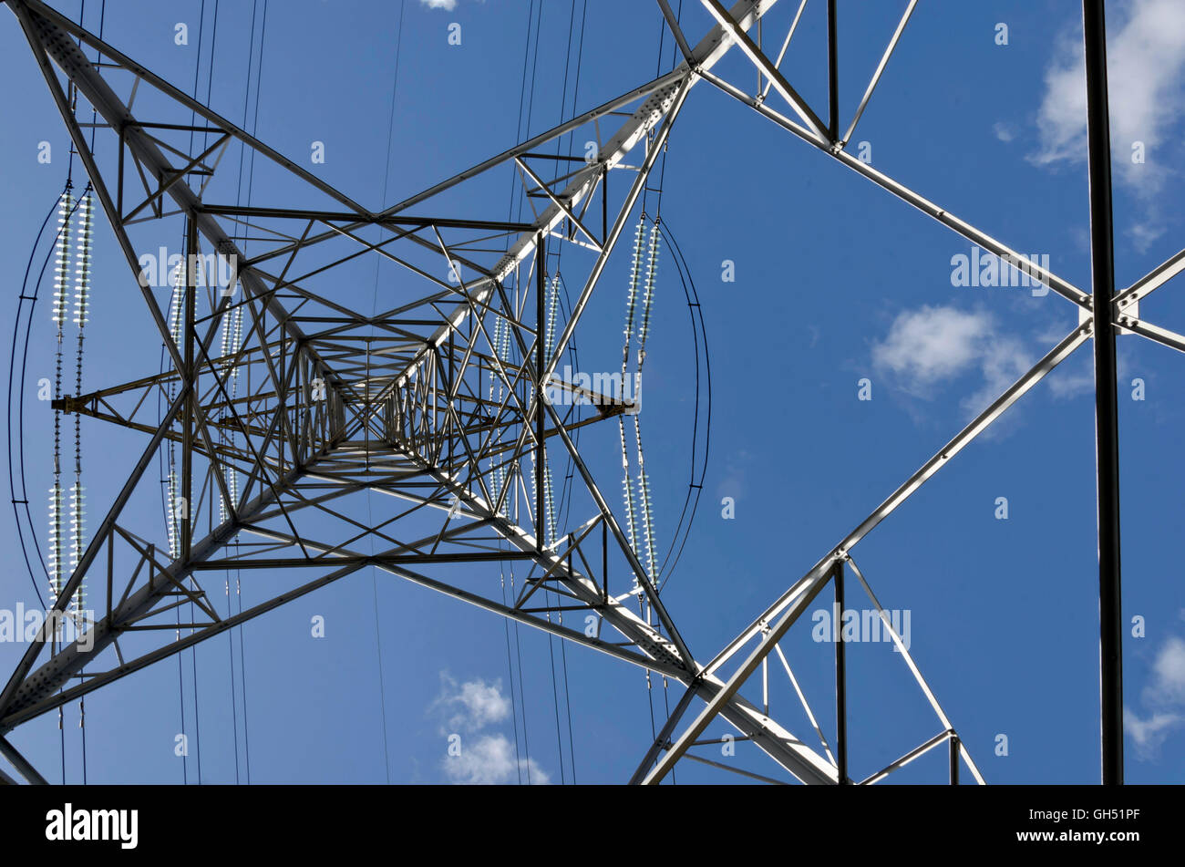 The view from underneath an electricity pylon, looking up, in the ...