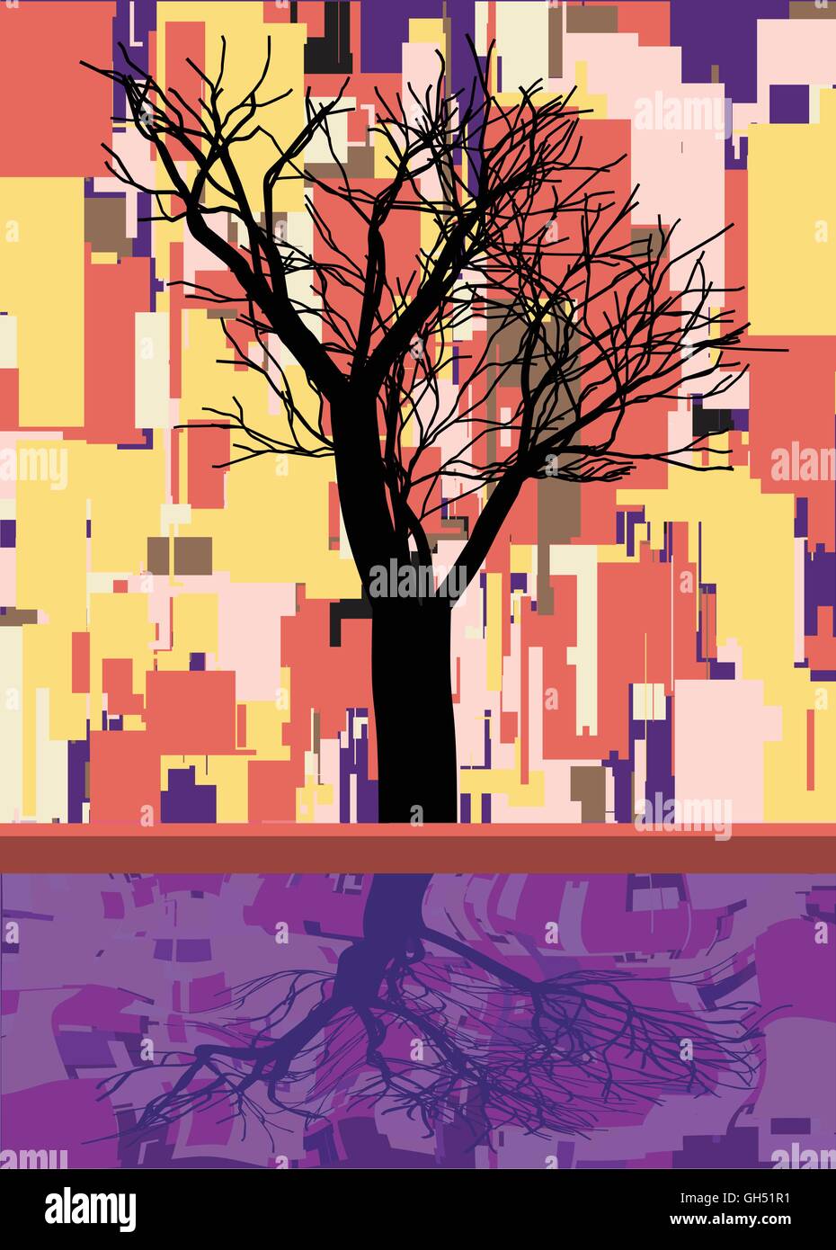 Abstract square fall composition with tree and reflection , geometric ...