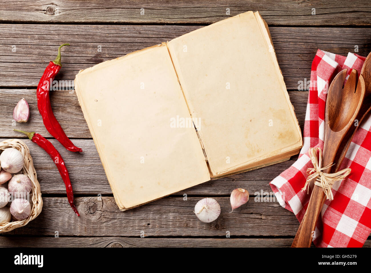 Blank vintage recipe cooking book, utensils and ingredients on wooden ...