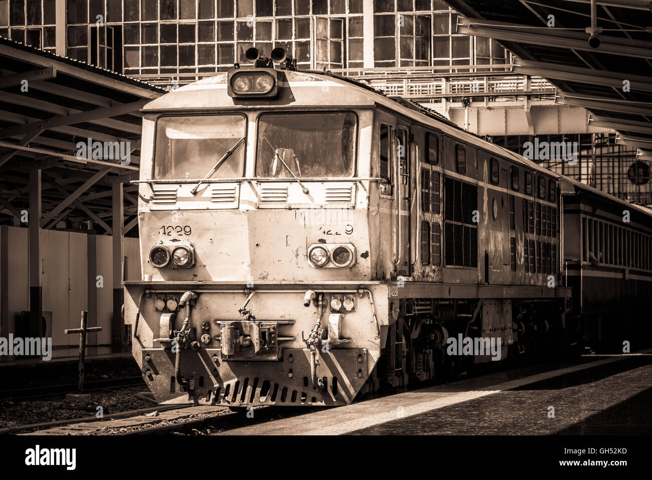 Train parking at Platform number 6 in station with mono tone style 2 ...