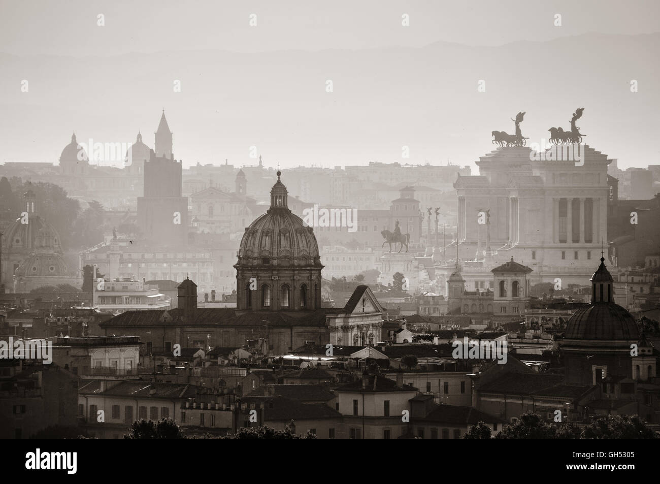 Rome rooftop view at sunrise silhouette black and white with ancient ...