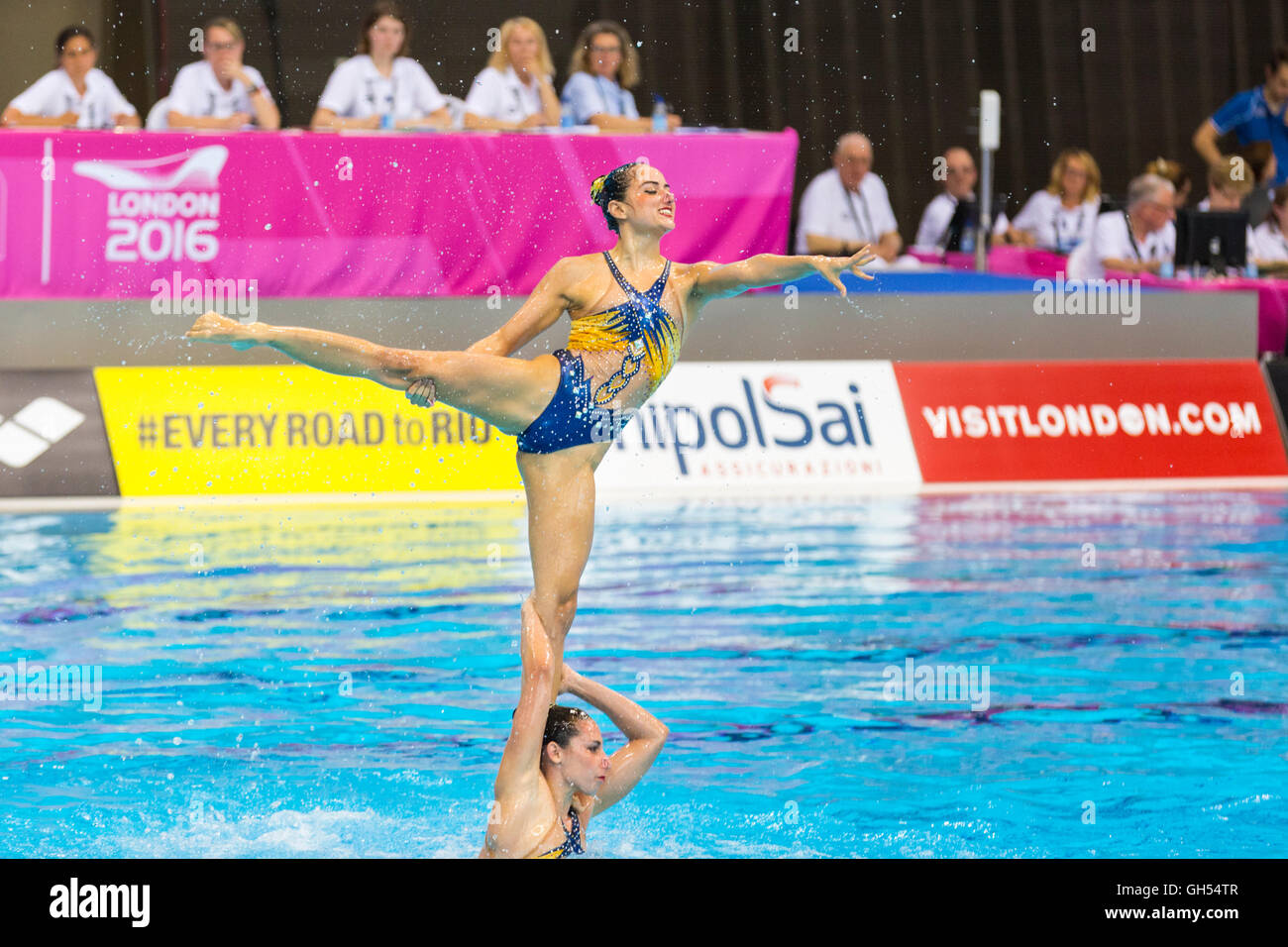 The Ukrainian synchro team perform the Team Free Routine Synchronised ...