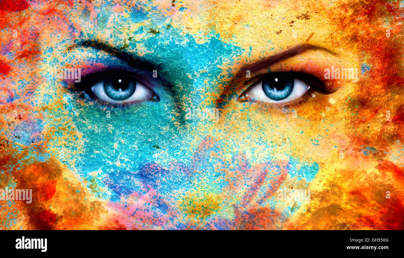 A pair of beautiful blue women eyes beaming, color rust effect Stock ...