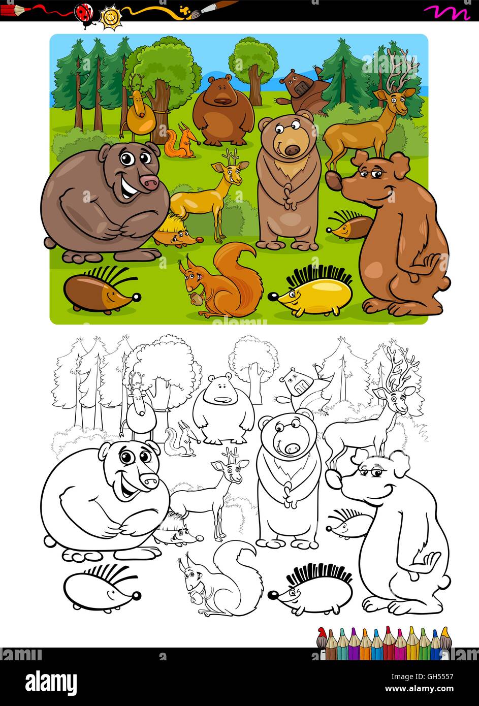 Cartoon Illustration of Forest Wild Animal Characters Coloring Book ...