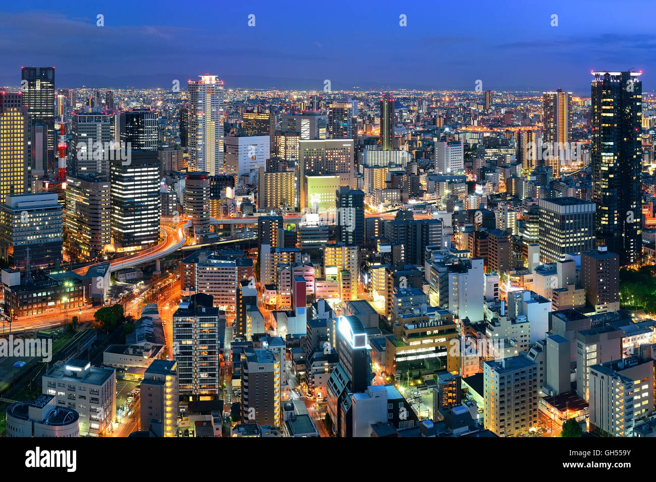 Osaka urban city at night rooftop view. Japan Stock Photo - Alamy