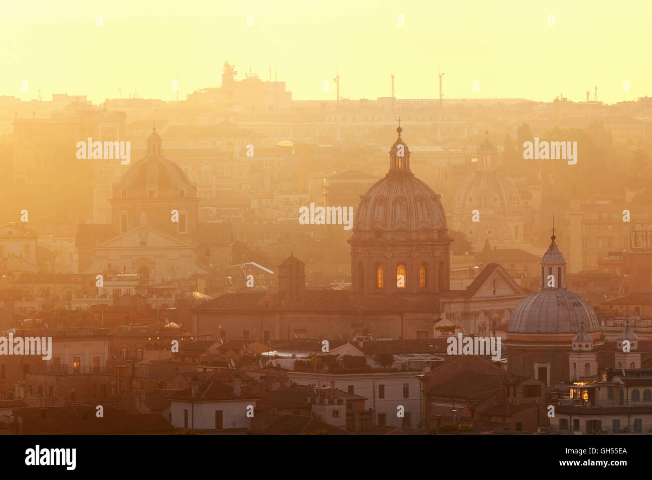 Rome rooftop view at sunrise silhouette with ancient architecture in ...