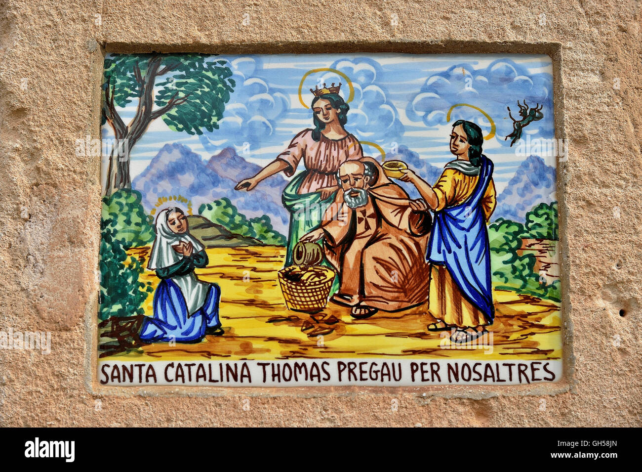 geography / travel, Spain, wall tile with a picture of the local saints ...