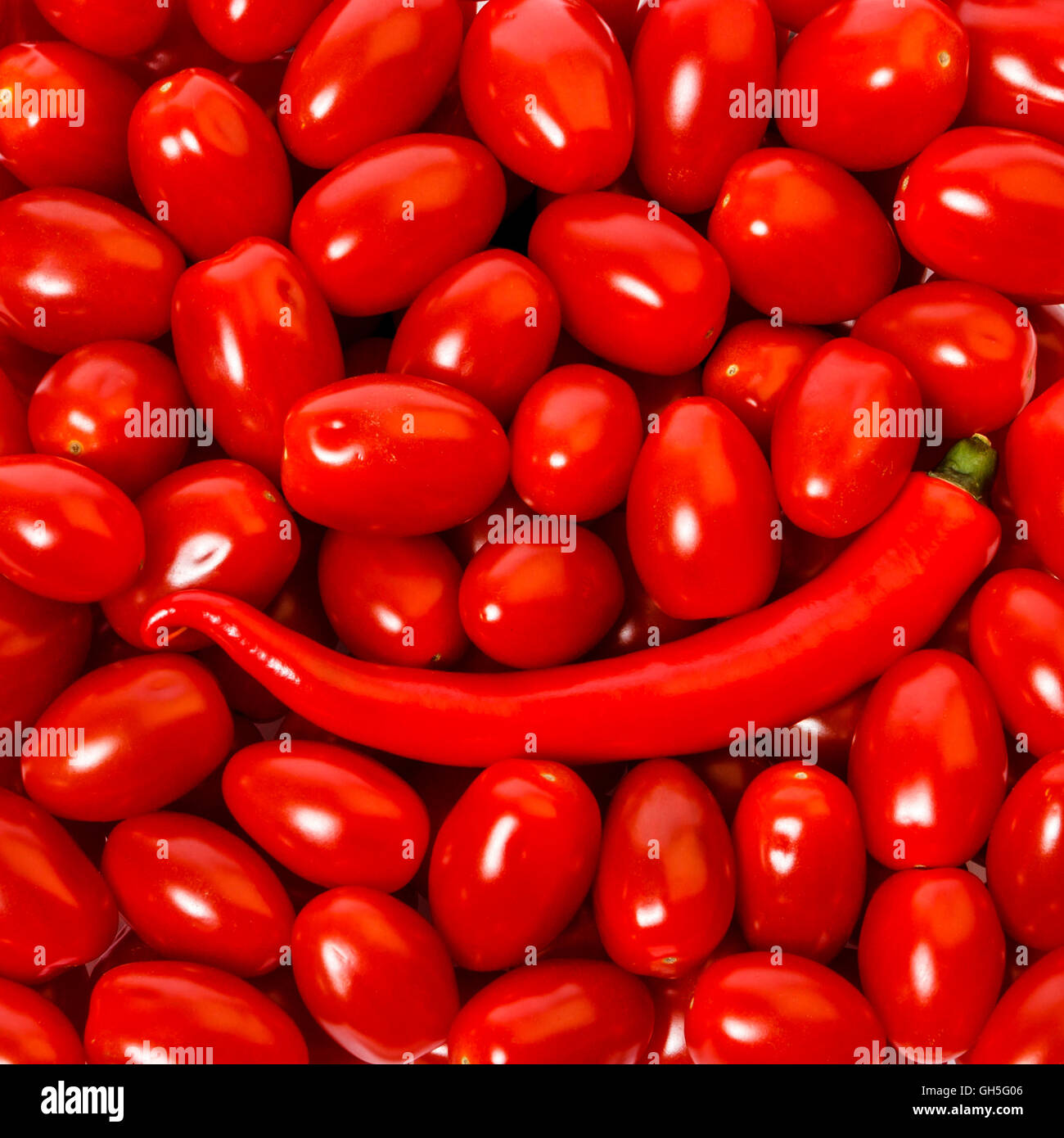 Single red hot chili pepper surrounded by candy tomatoes Stock Photo ...