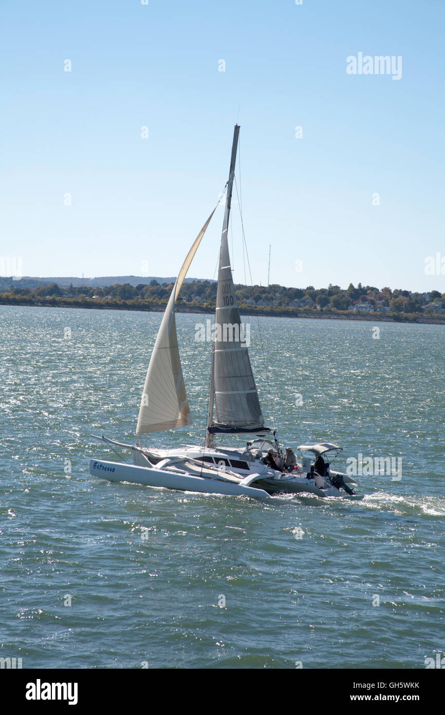 Yacht sailing around Boston harbor and islands an area of Massachusetts ...
