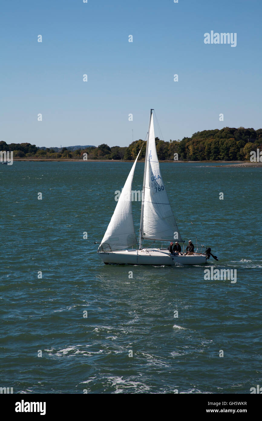 Yacht sailing around Boston harbor and islands an area of Massachusetts ...