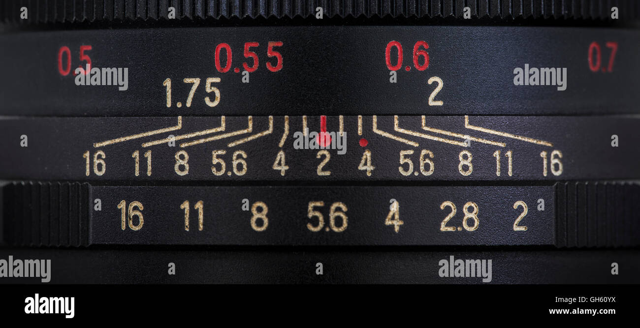 Close up of an old camera lens body showing the F Stops Stock Photo - Alamy