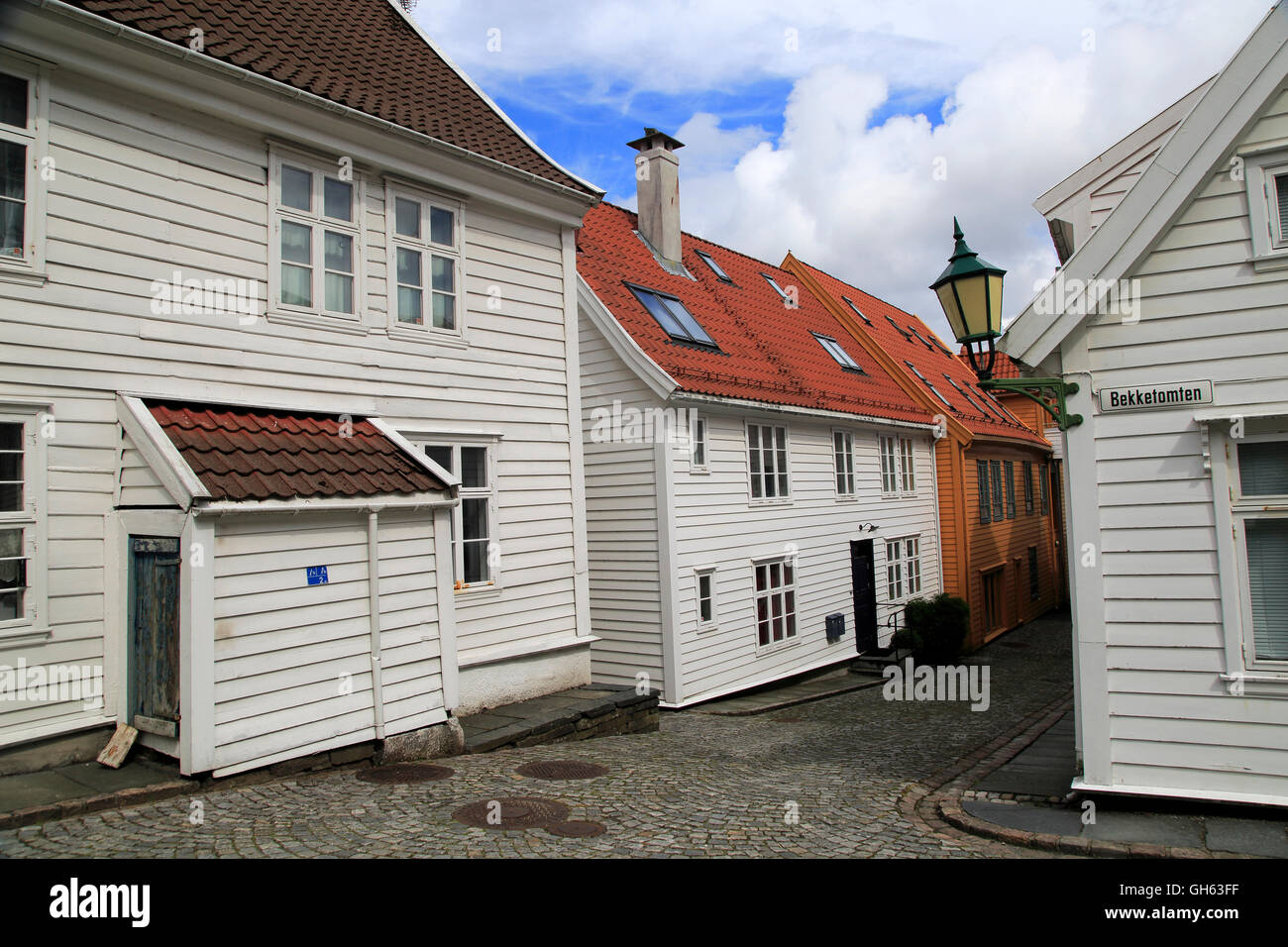 Historic wooden houses in Bekketomten street, Nordnes district, Bergen ...