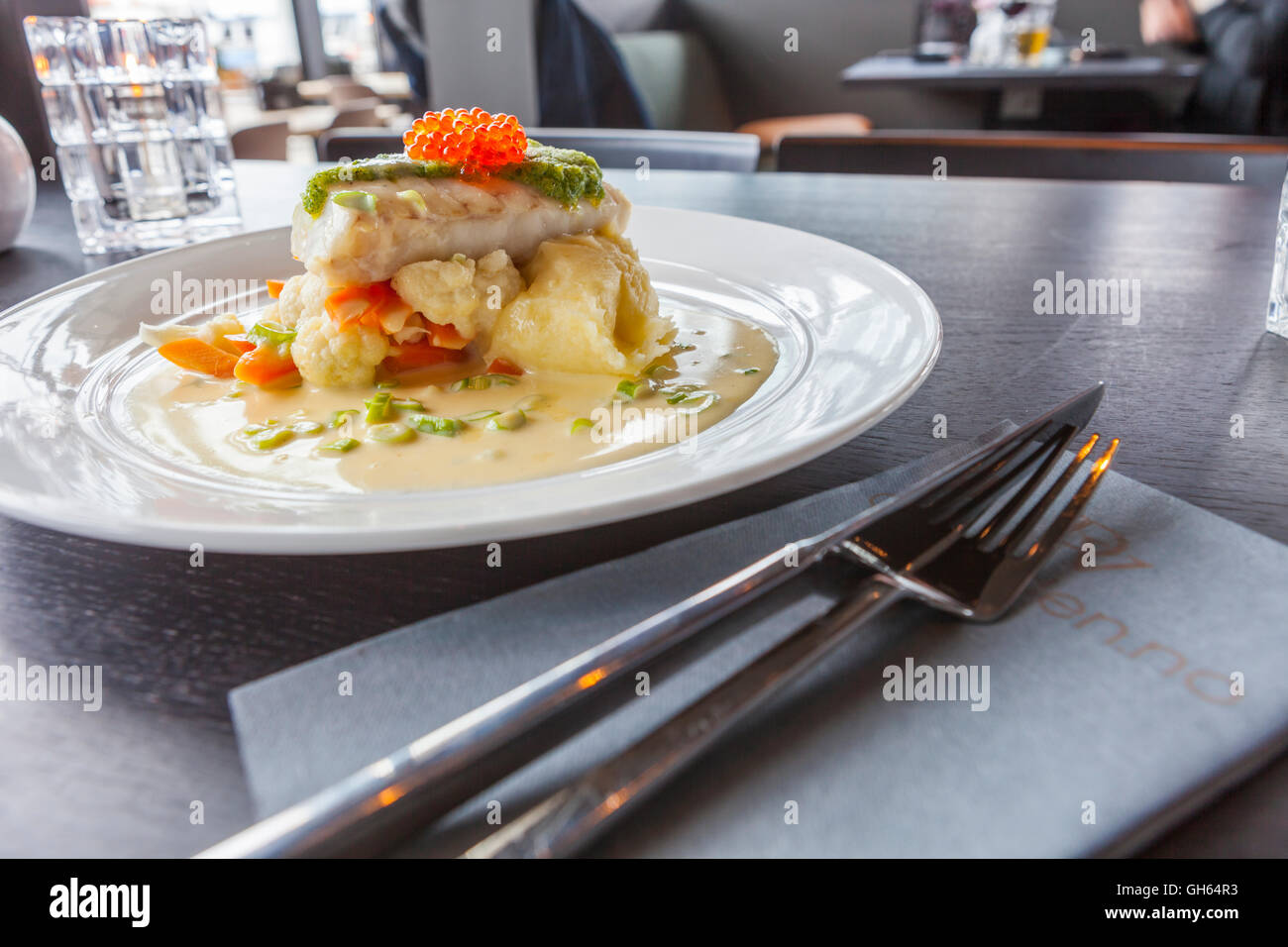 Roasted Cod with fish roe and cream sauce. Du Verden restaurant ...