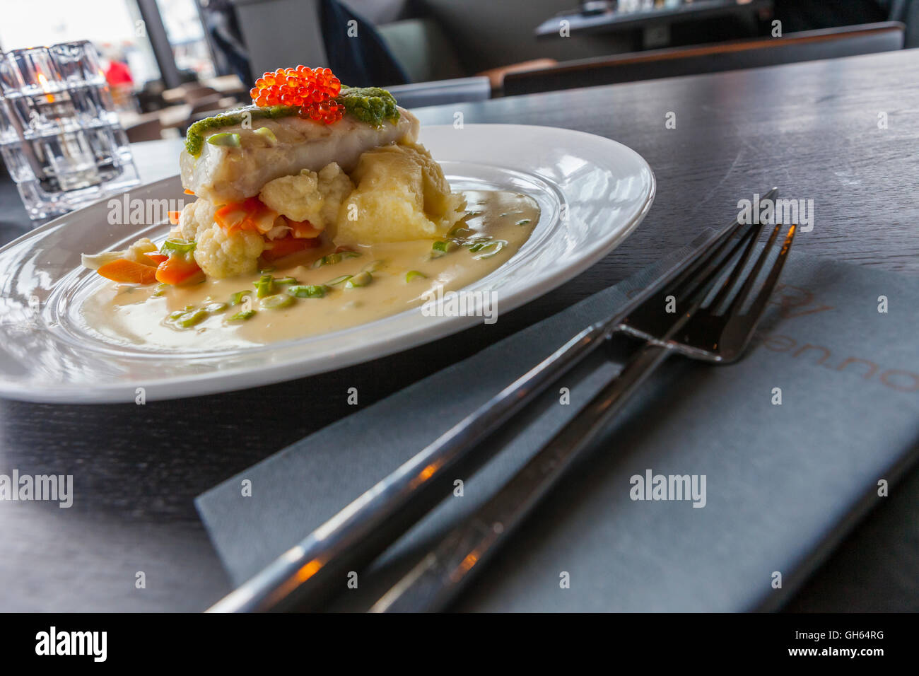 Roasted Cod with fish roe and cream sauce. Du Verden restaurant ...