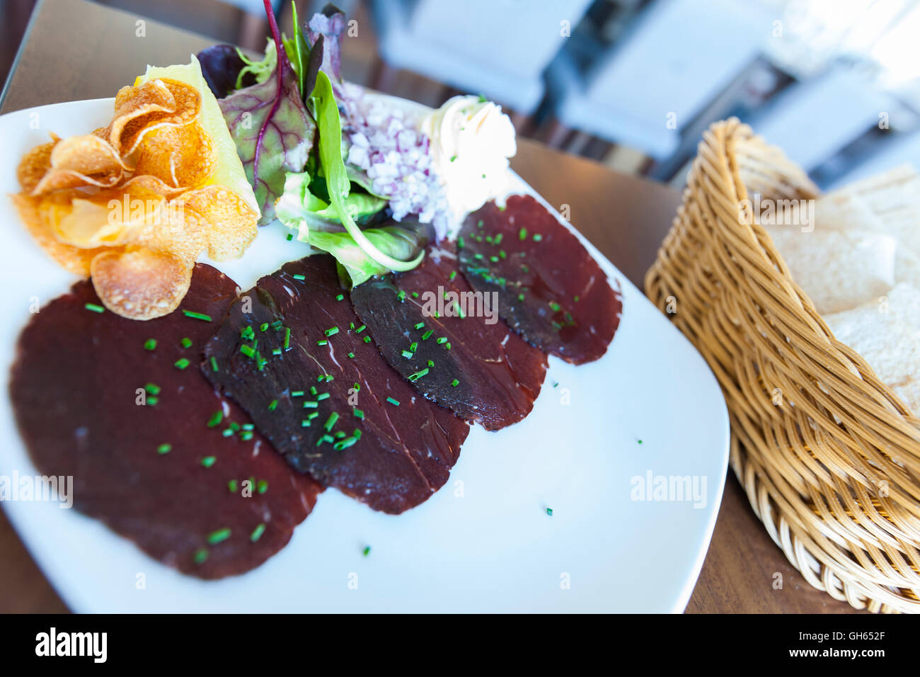 Traditional cold smoked Minke whale meat at Fiskekrogen restaurant ...