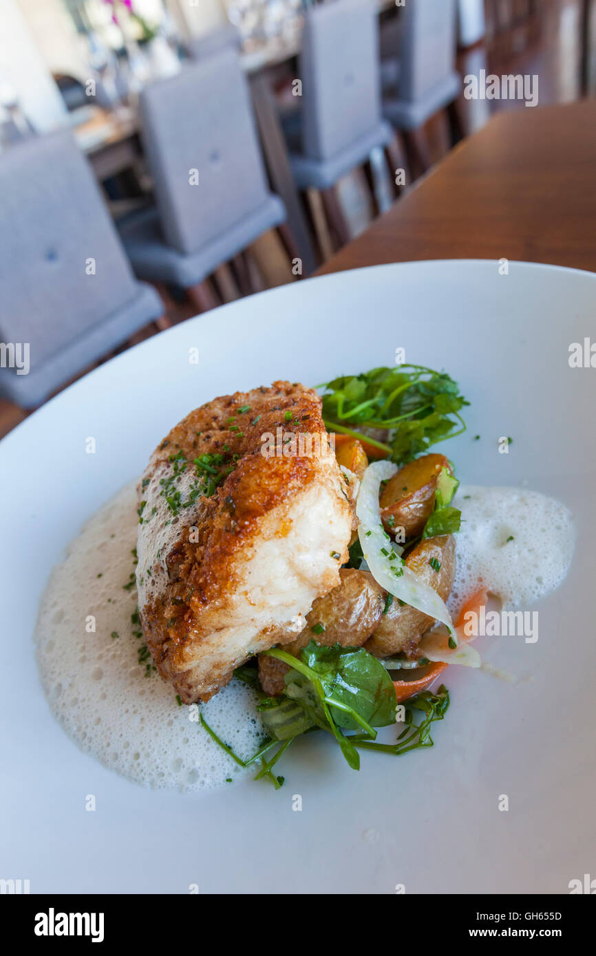 Roasted Ling fish dinner at Fiskekrogen restaurant, Henningsvaer ...