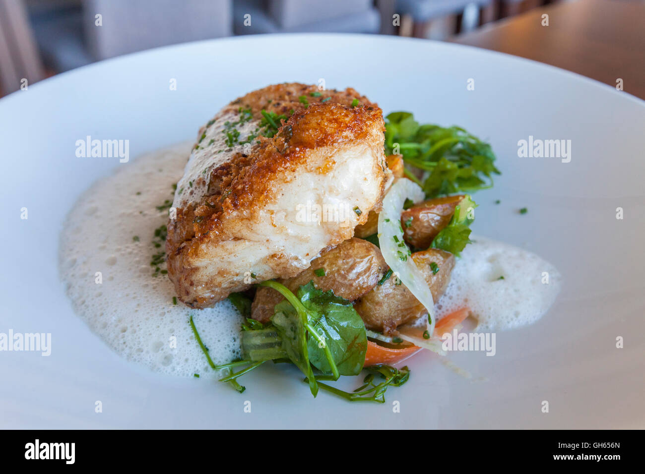 Roasted Ling fish dinner at Fiskekrogen restaurant, Henningsvaer ...