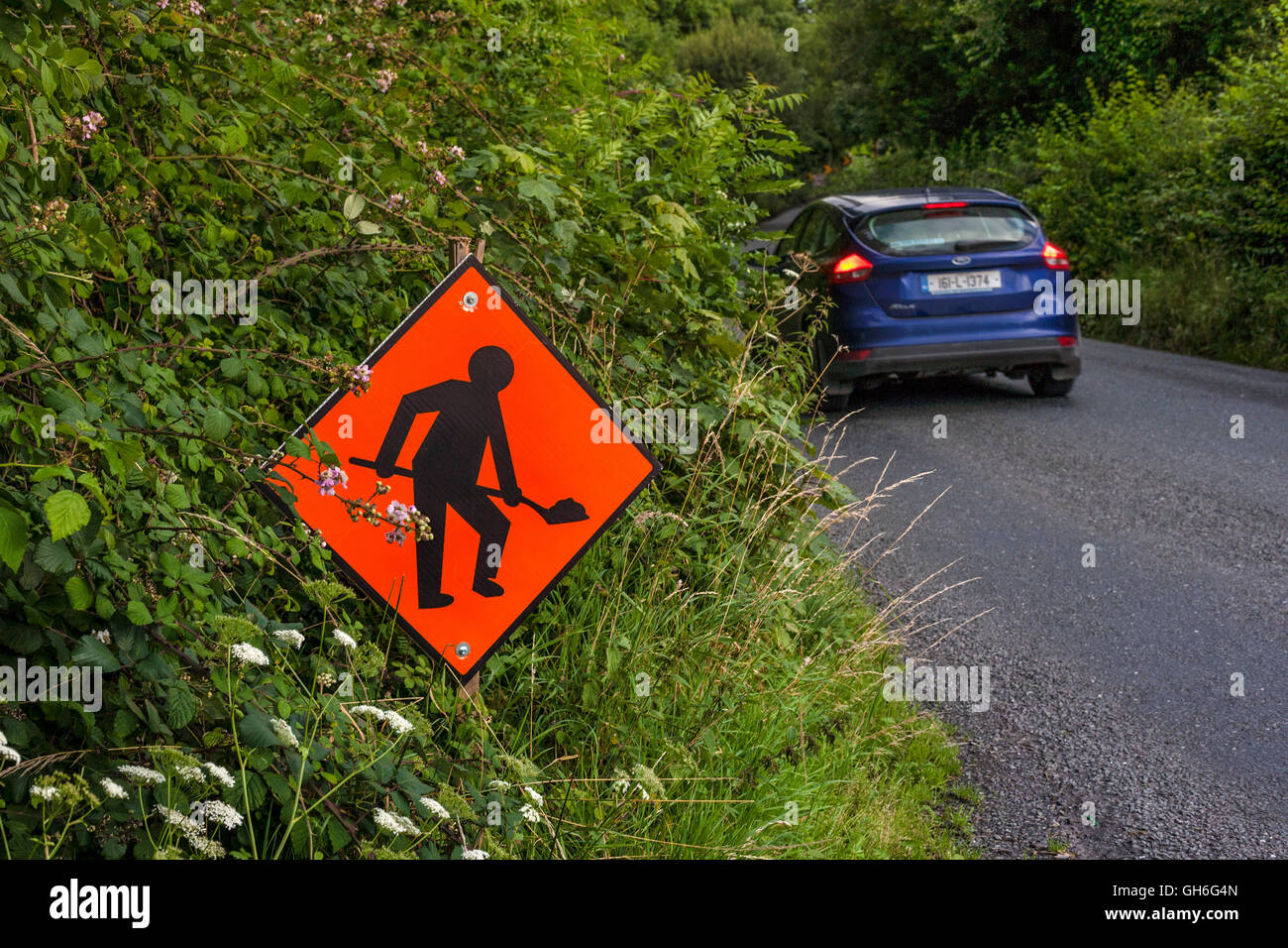 Roadworks sign, Country Lane, County Limerick, Ireland Stock Photo - Alamy