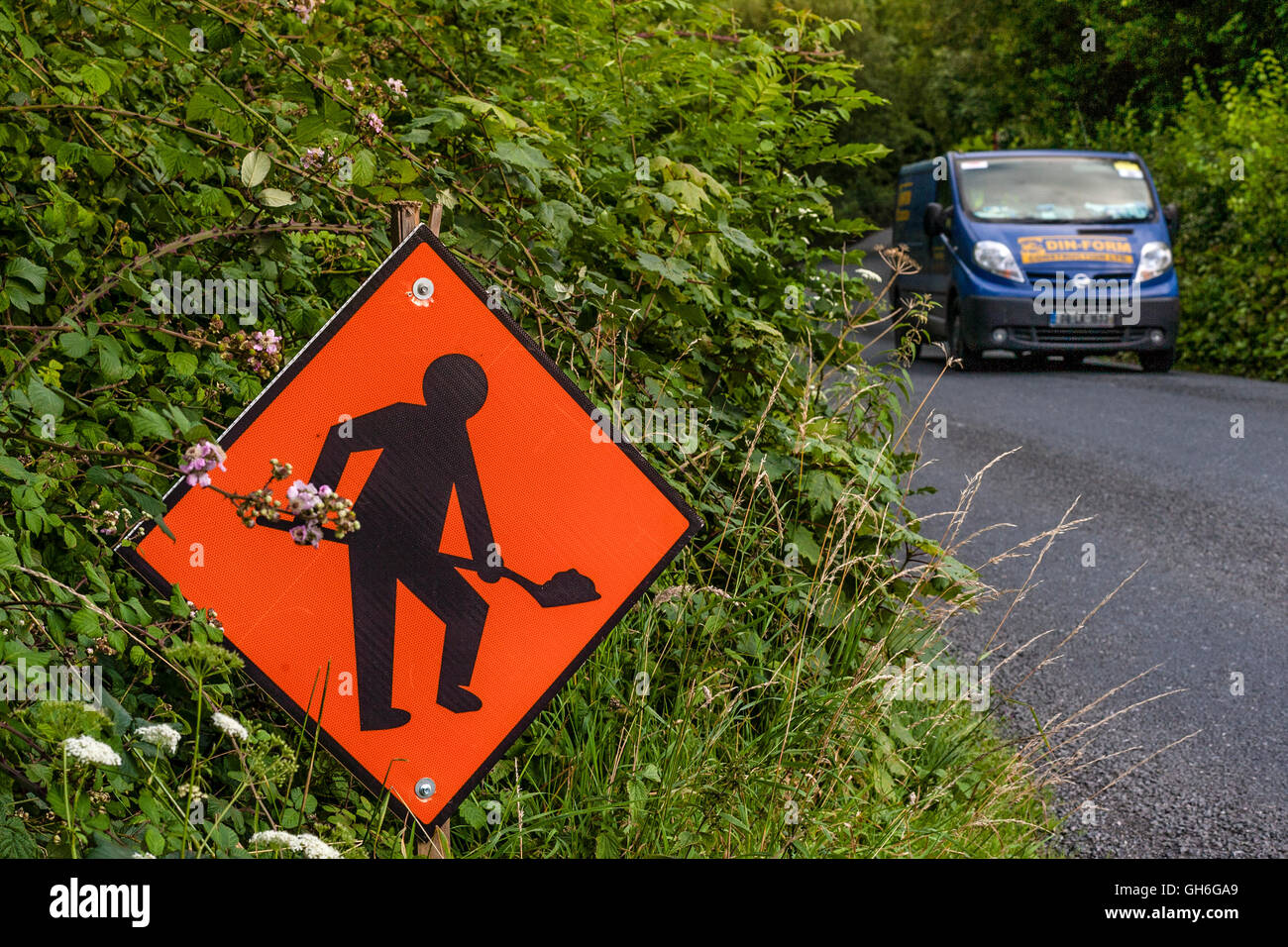 Roadworks sign, Country Lane, County Limerick, Ireland Stock Photo - Alamy
