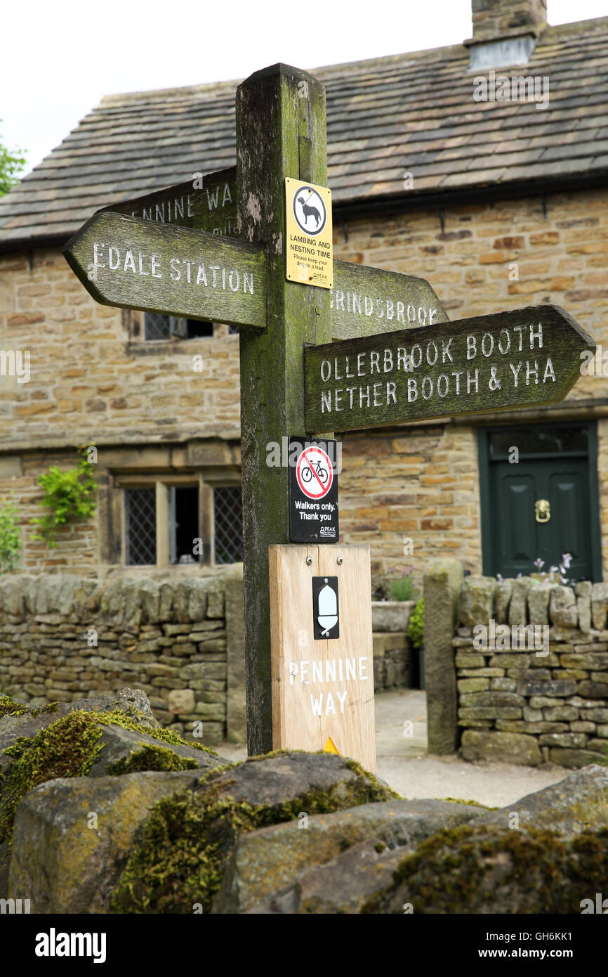 The public footpath sign showing the start of the Pennine Way in Edale ...