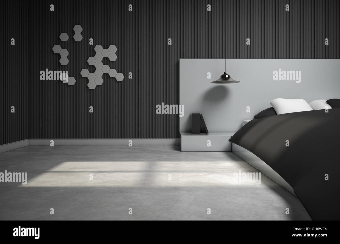 monotone bedroom design with 3d wall. 3d rendering Stock Photo - Alamy