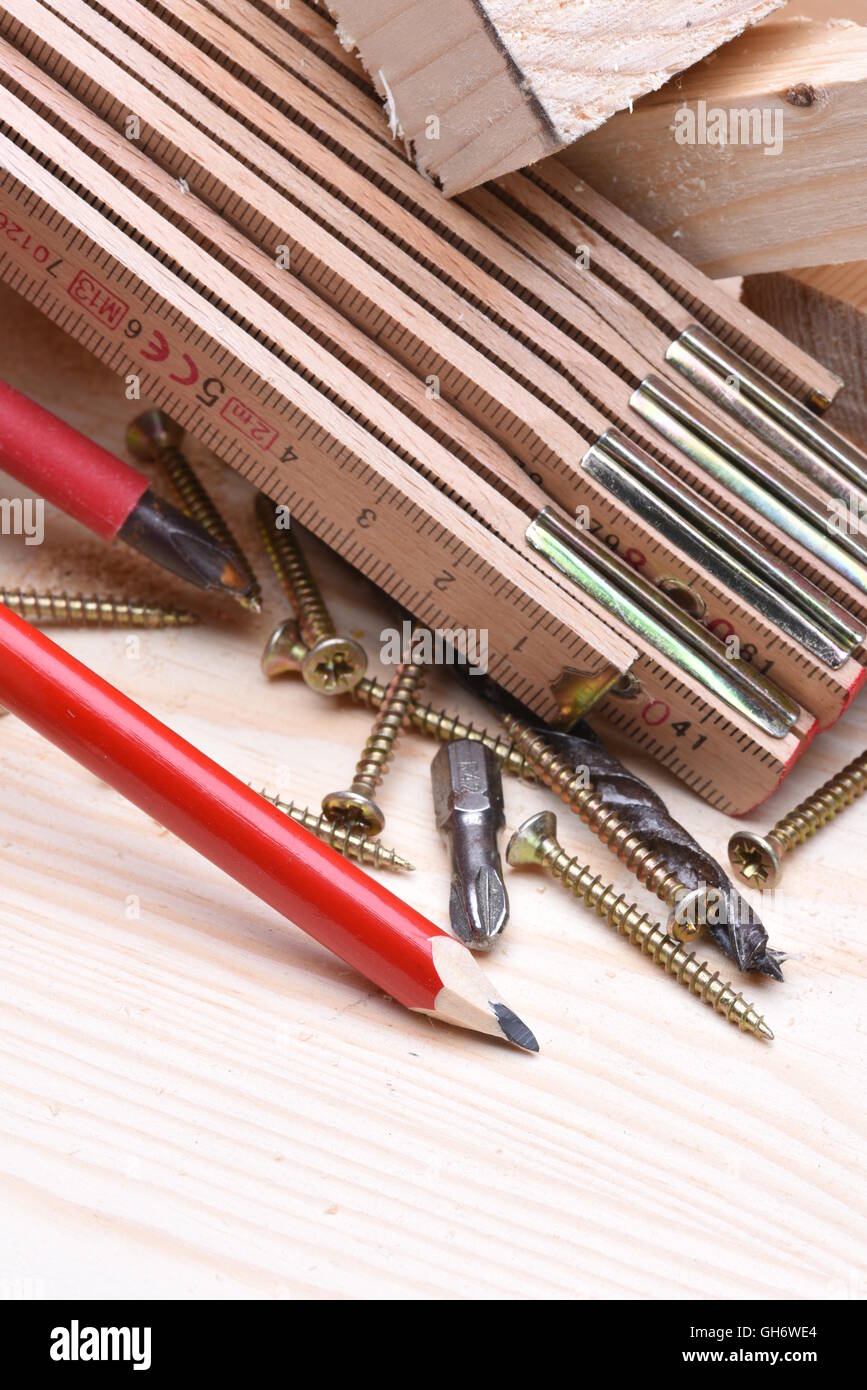 Carpentry tools with wooden bricks on work table close up Stock Photo ...