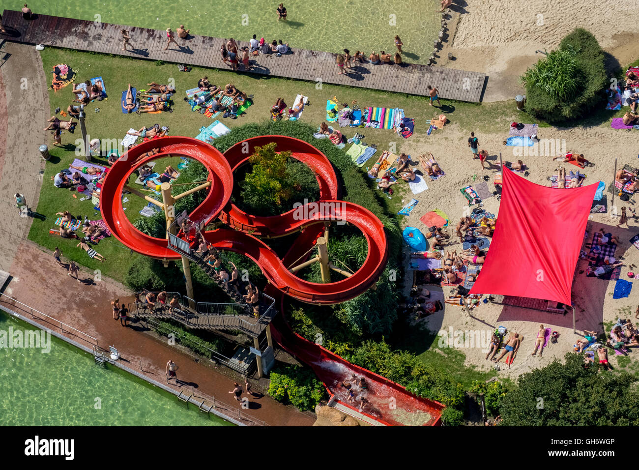 Aerial view, Ruhr Reggae Summer Mülheim natural bathing pool at ...