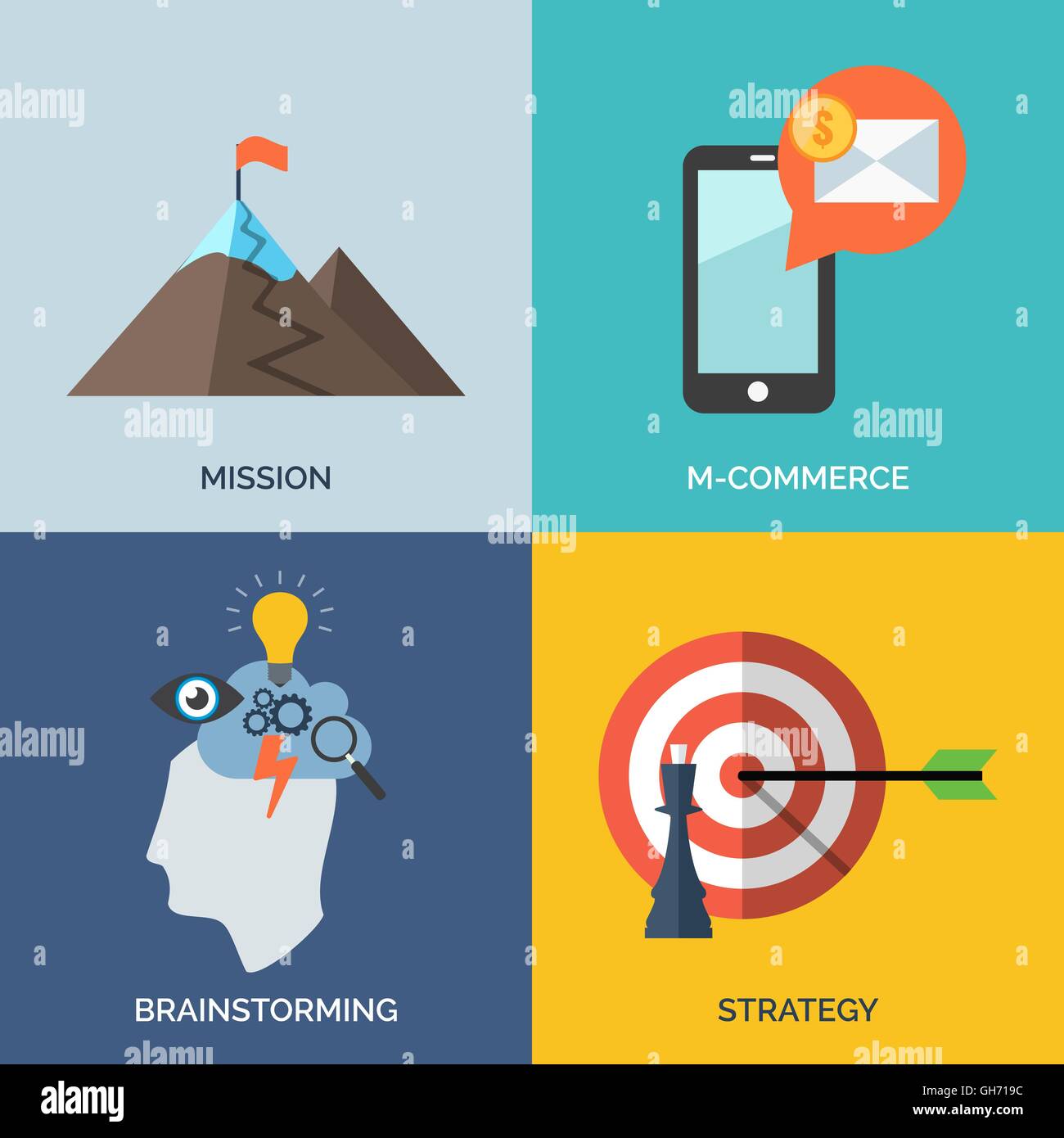 Set of flat design concept icons for business. Mission, M-commerce ...