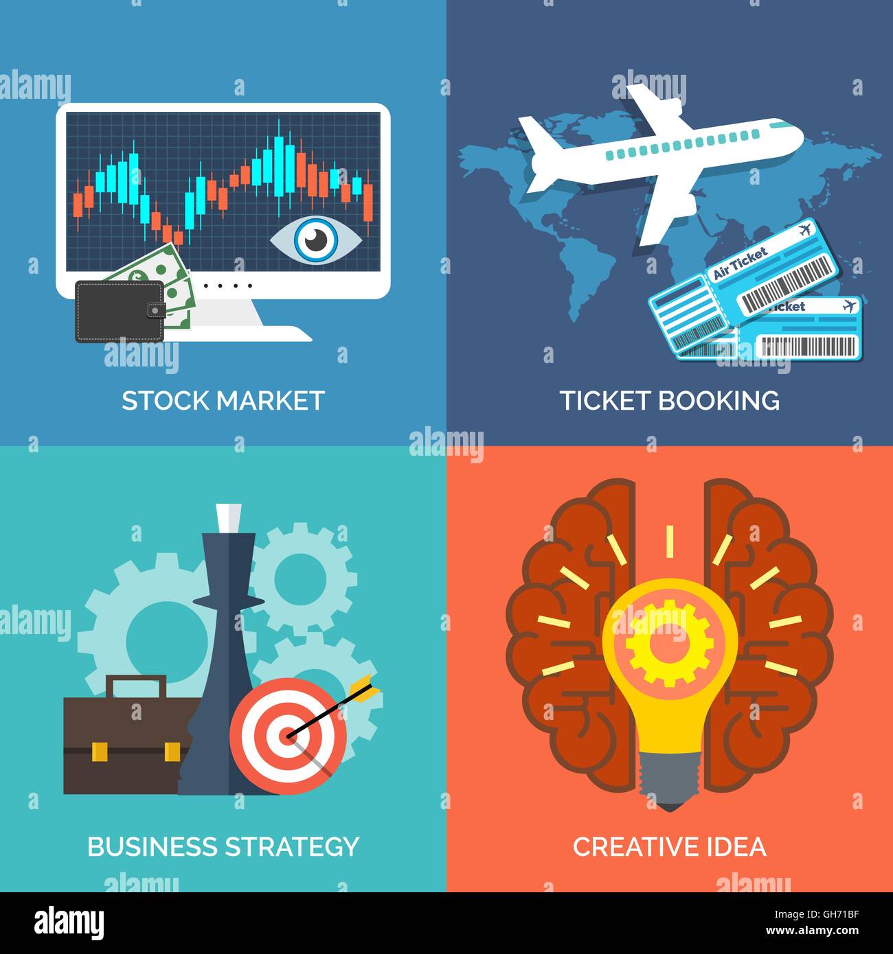 Set of flat design concept icons for business. Stock market, Ticket ...