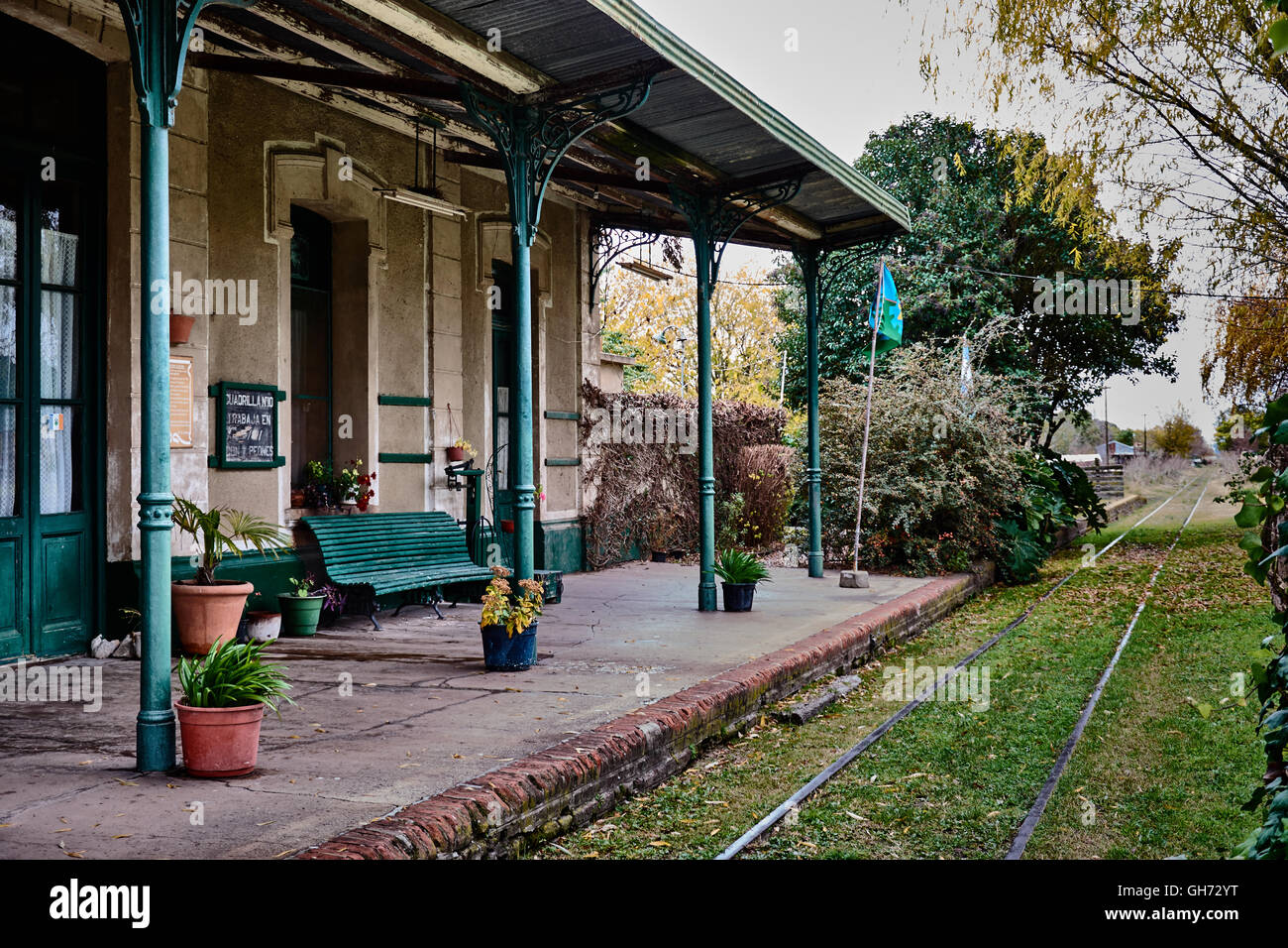 An old seat in the facade of the old restaurant "The Station" in Gouin ...