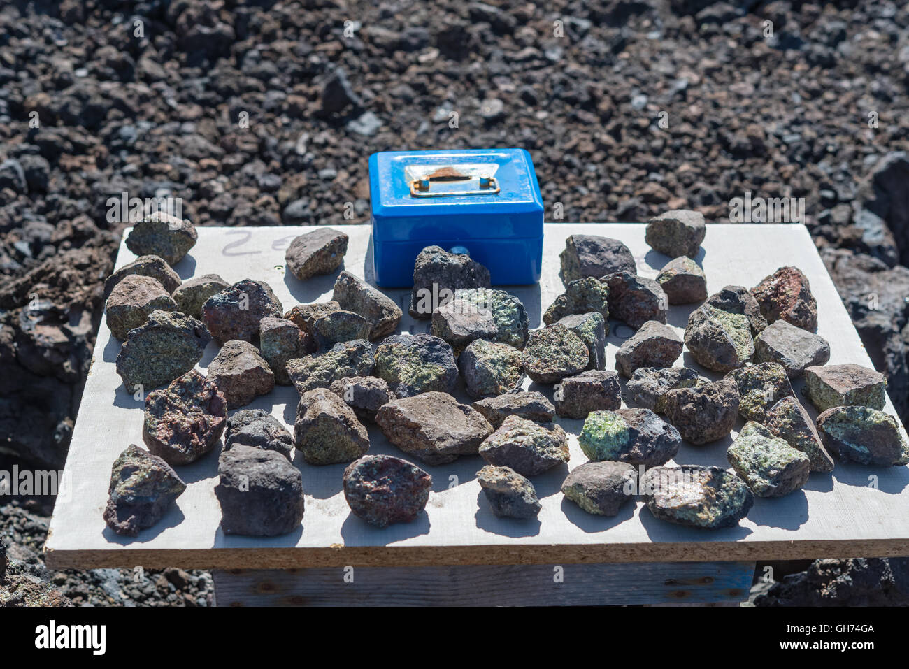 Table stall with blue till box on Canary Island with bizarre-shaped ...