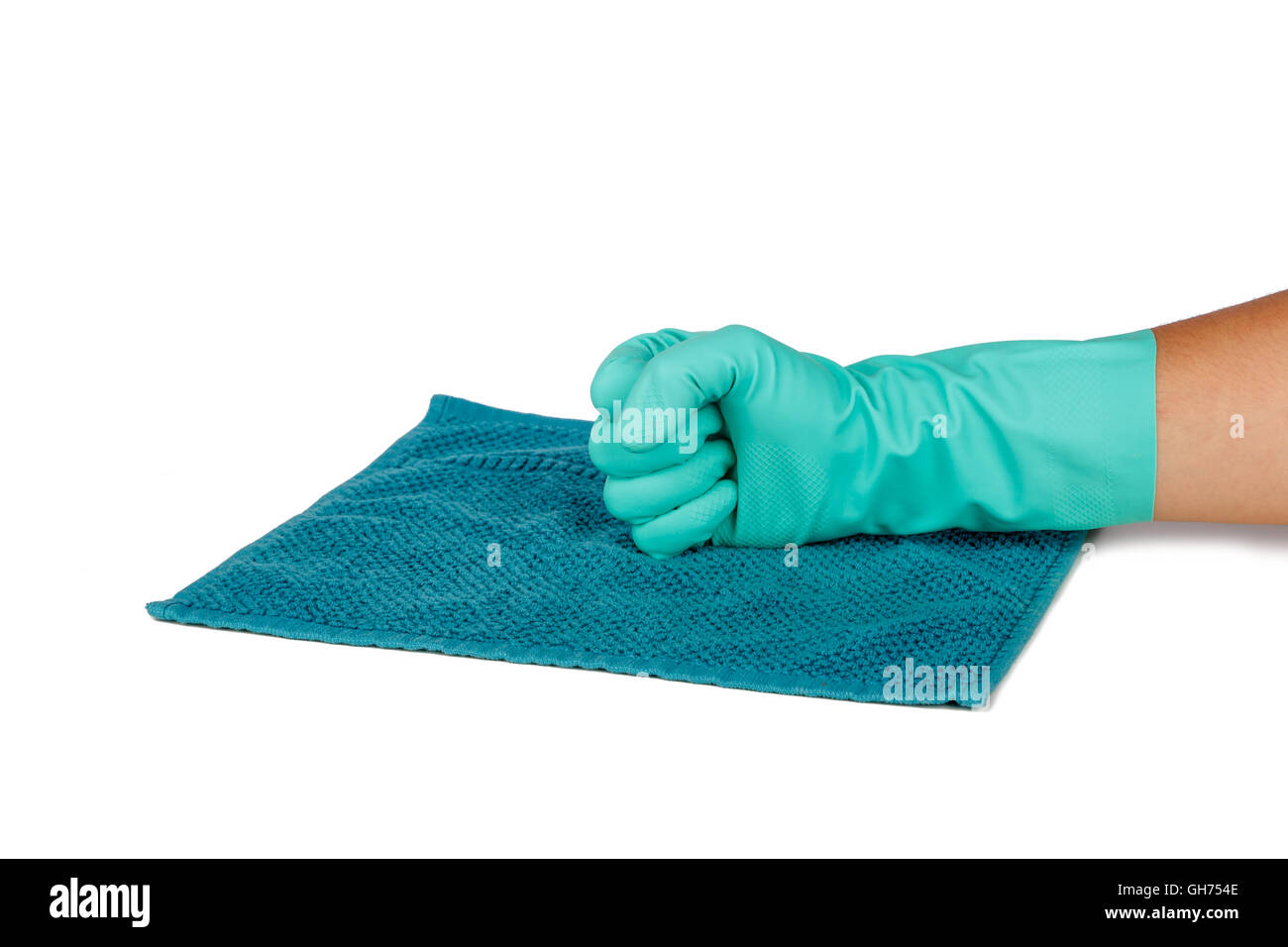 Hand with kitchen gloves pointing wipe fabric for cleaning, isolated on ...